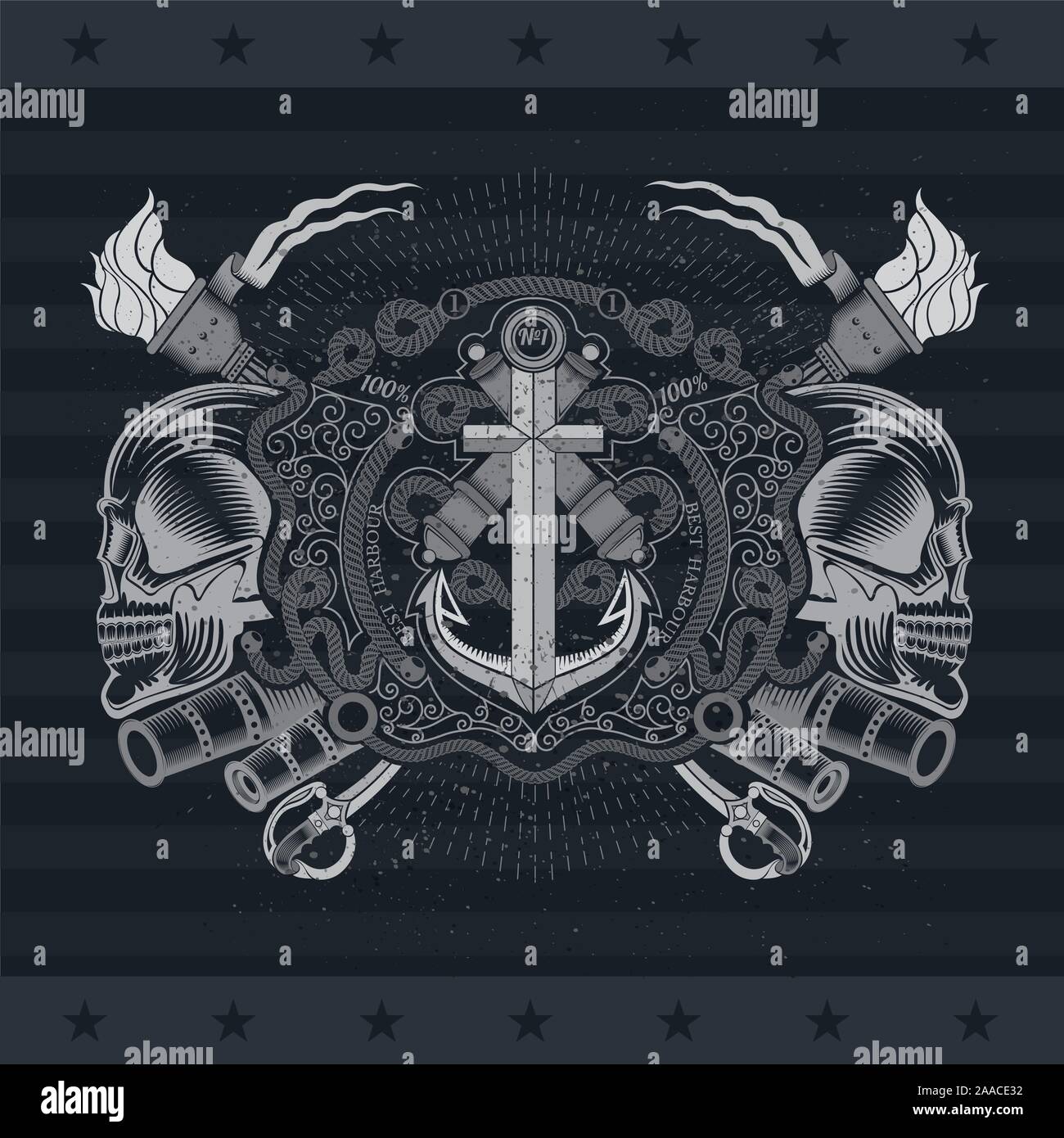 Two cross cannon with anchor, between skull profile and vintage weapons ...