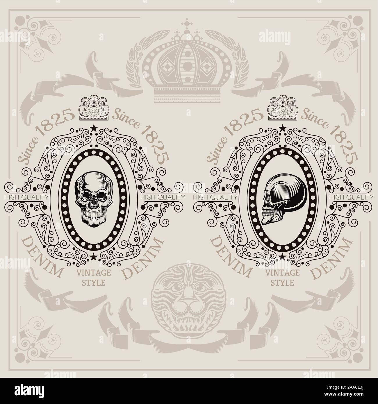 Two line pattern frames with skull front view and profile in center ...