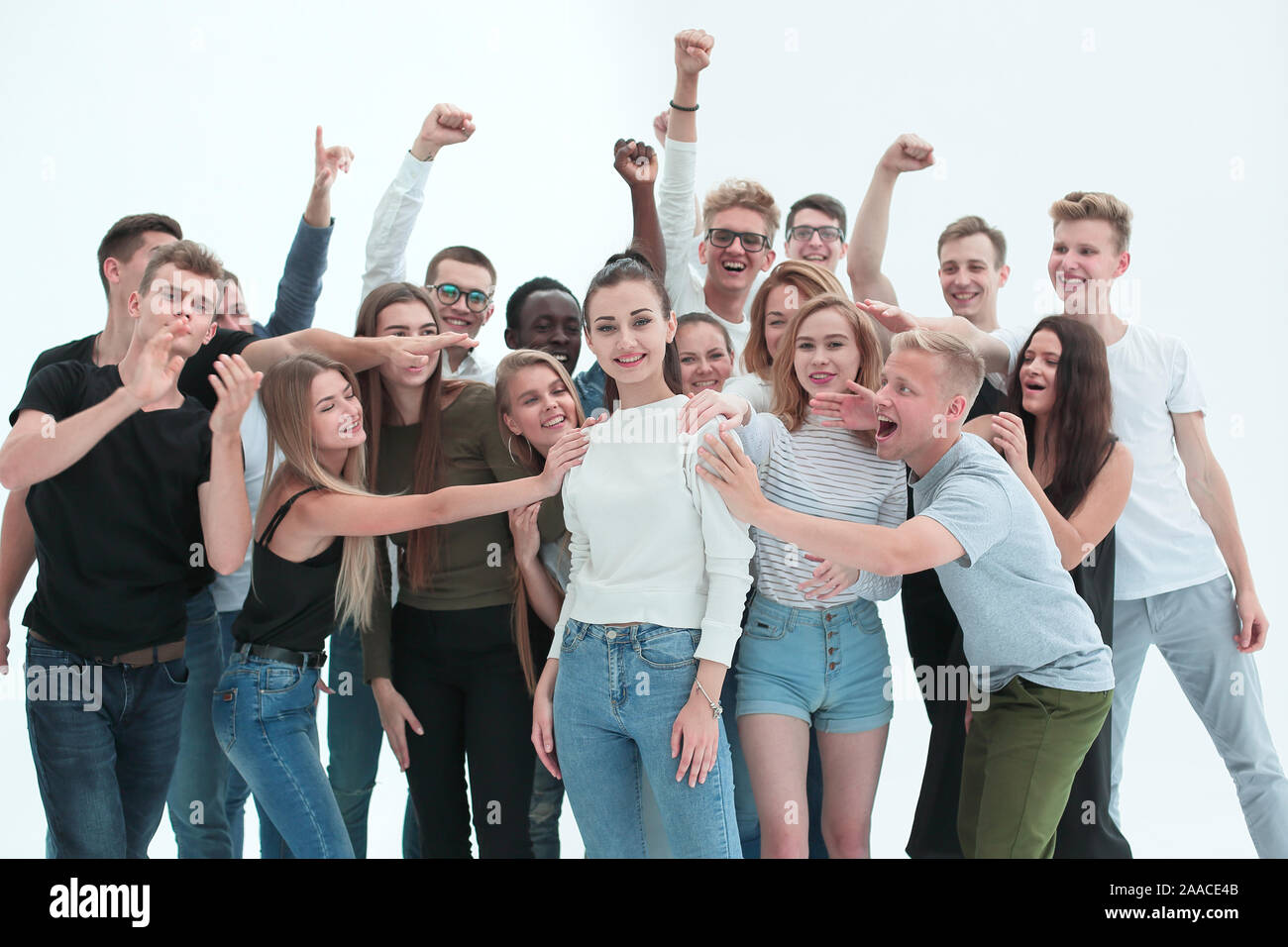 happy team of winners greeting their leader Stock Photo - Alamy