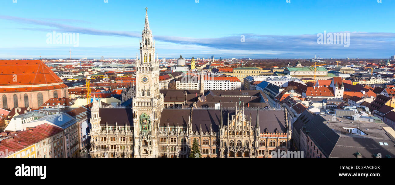 Aerial panoramic banner view of Marienplatz town hall rathaus and city ...