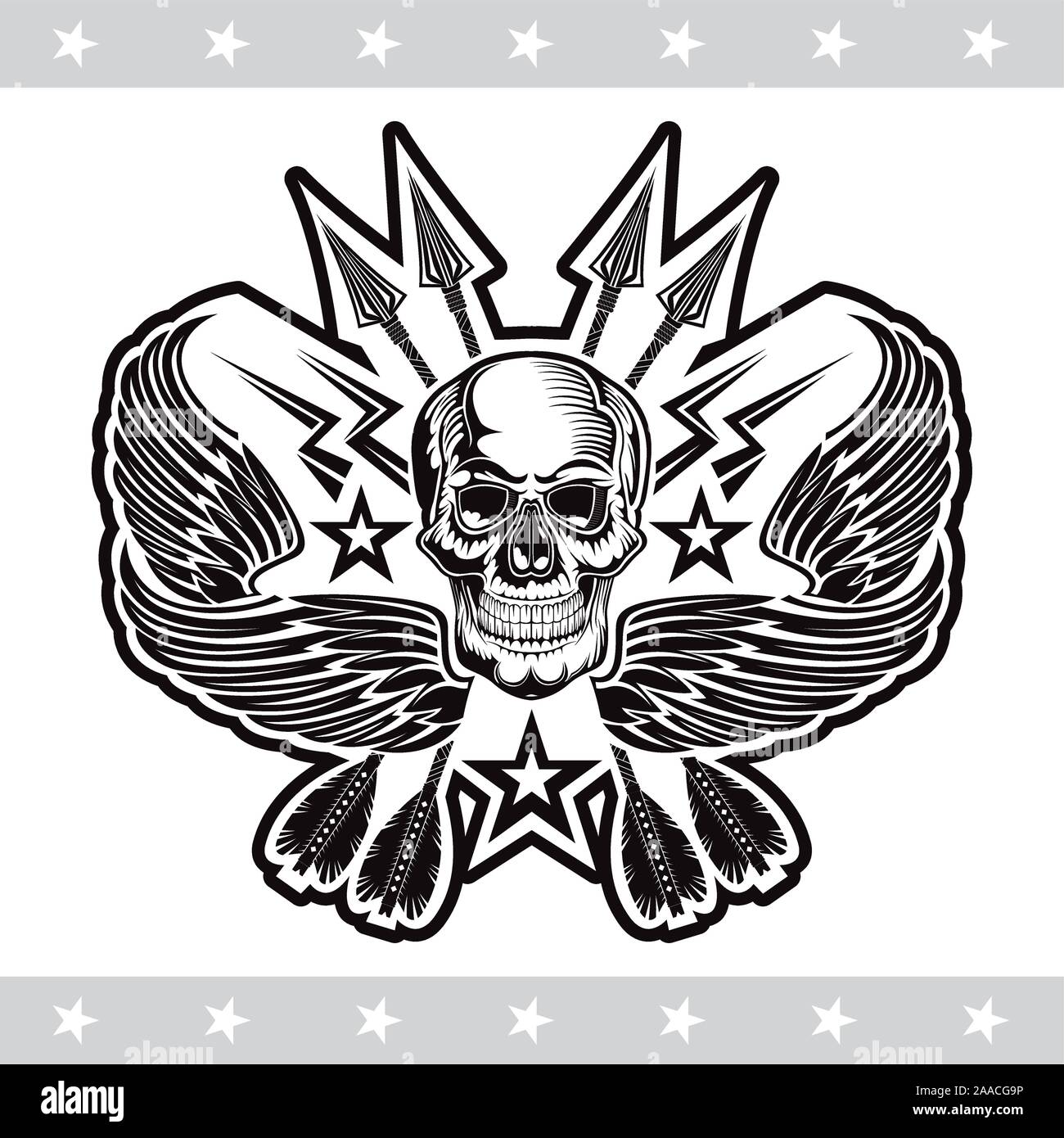 Front view skull with crossed arrows and lightning between wings ...