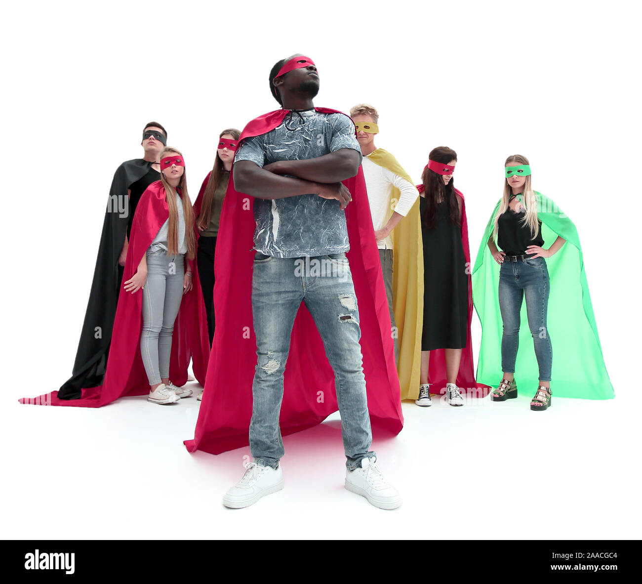 stylish guy in a superhero Cape standing in front of his team Stock ...