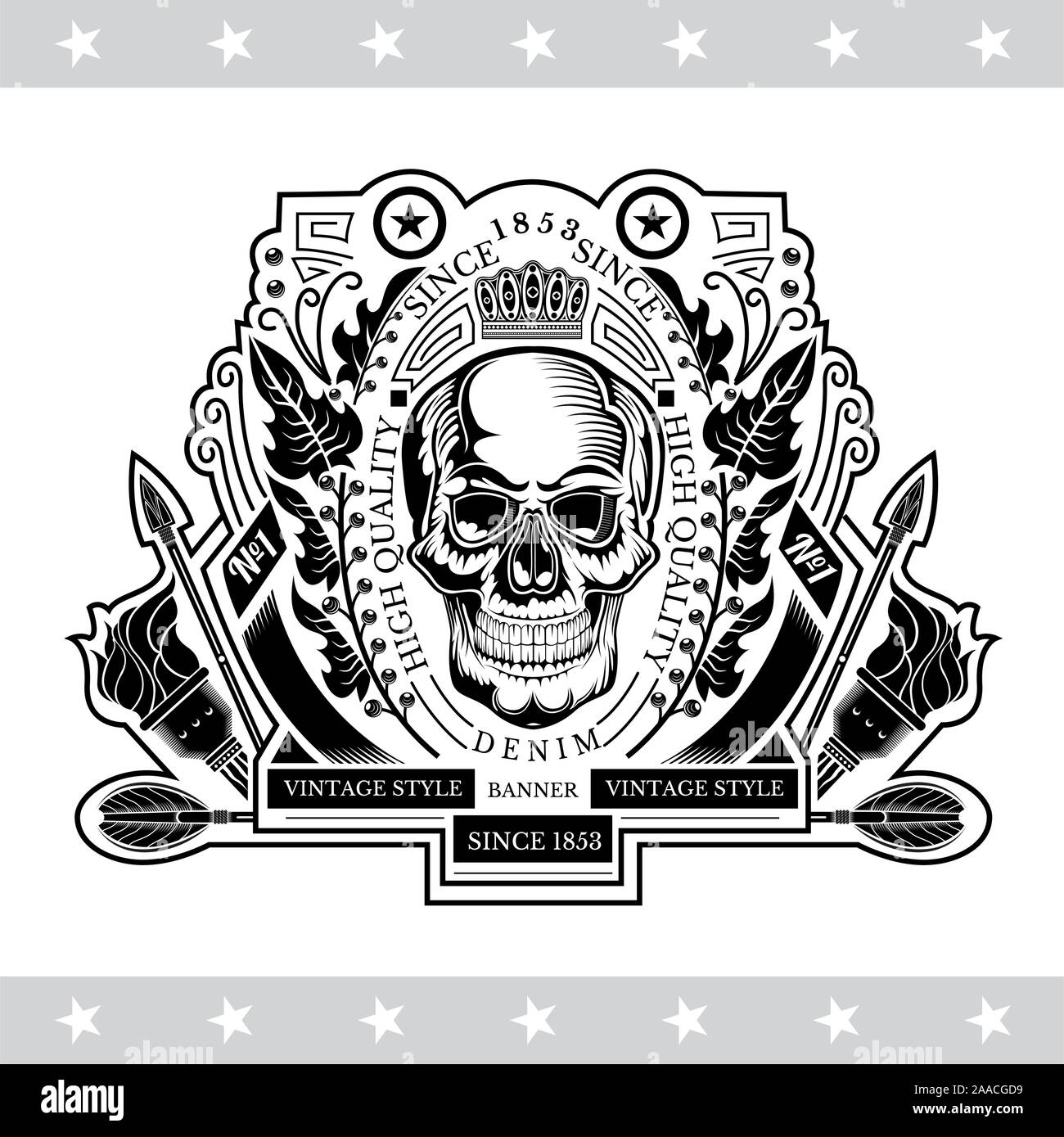 Skull front view in center of oval wreath between torch and arrows ...