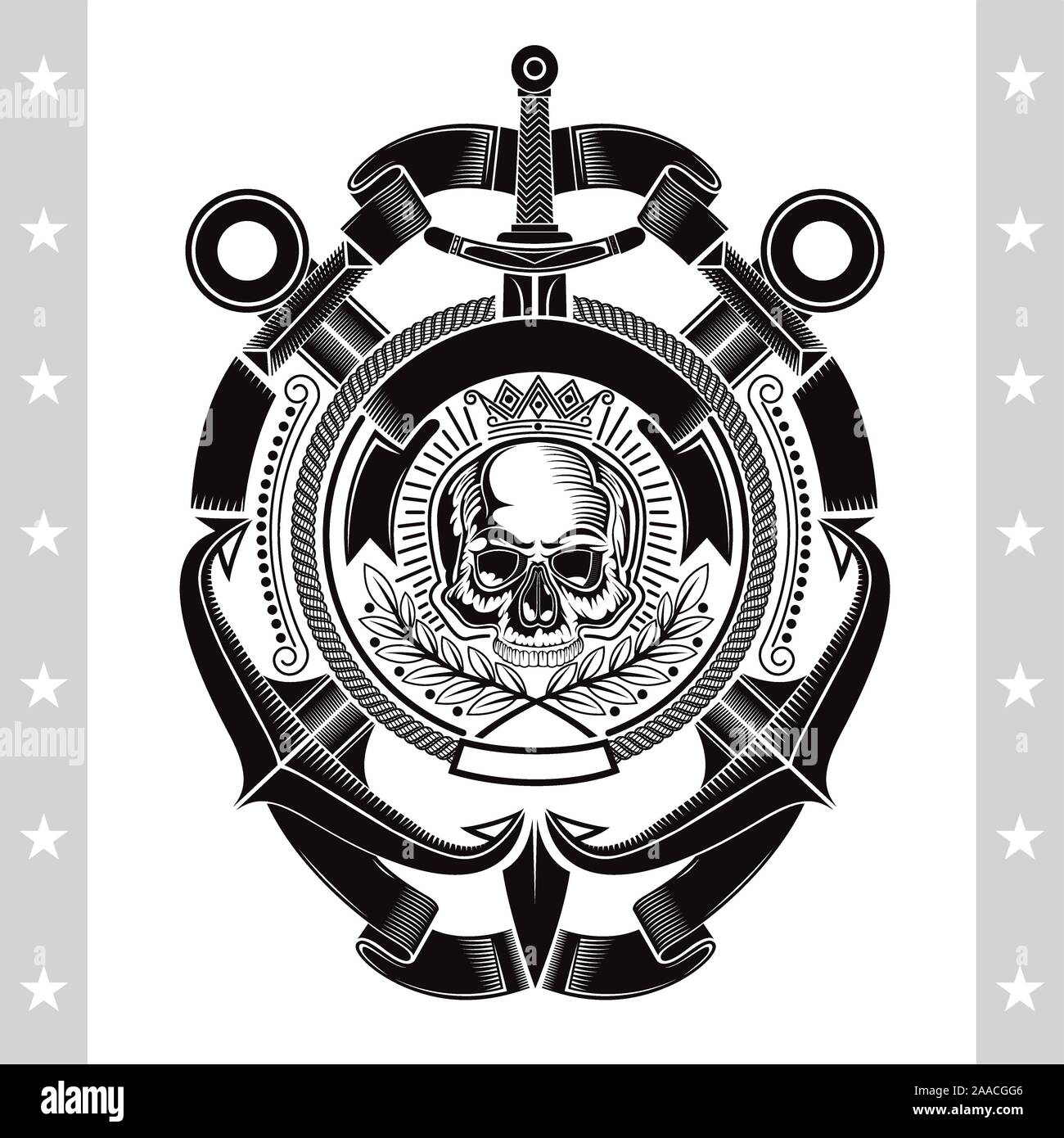 Skull front view in center rope frame with cross anchors and vertical ...