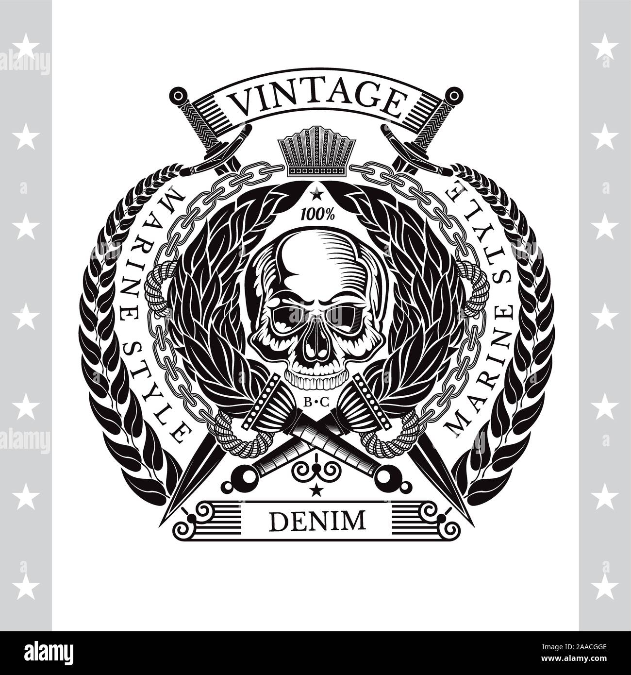 Skull front view with cross swords and torch. Heraldic vintage label on ...