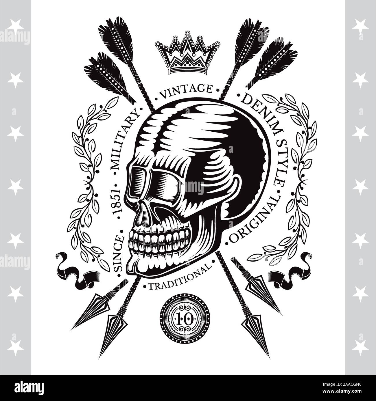 Skull with cross arrows with ray and crown. Military heraldic habel on ...