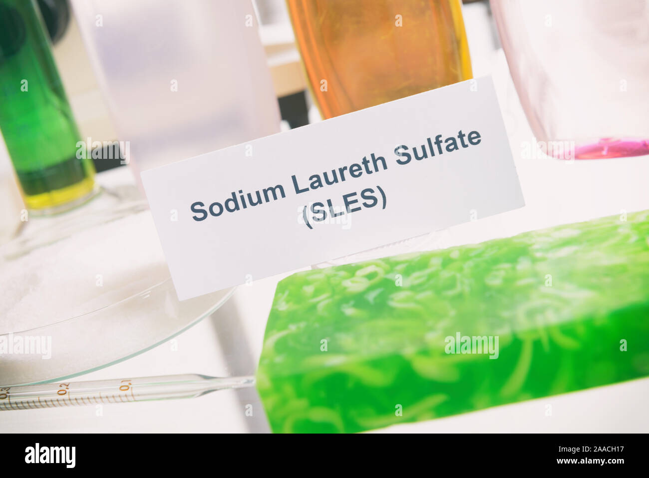 Noxious additives in cosmetics. Laboratory with chemical substances ...