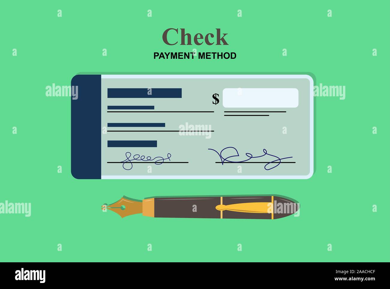 paper check with signatures and an ink pen. Flat design Stock Vector ...