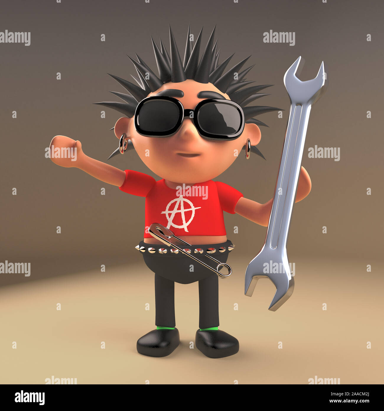 3d cartoon punk rocker character holding a spanner tool, 3d ...
