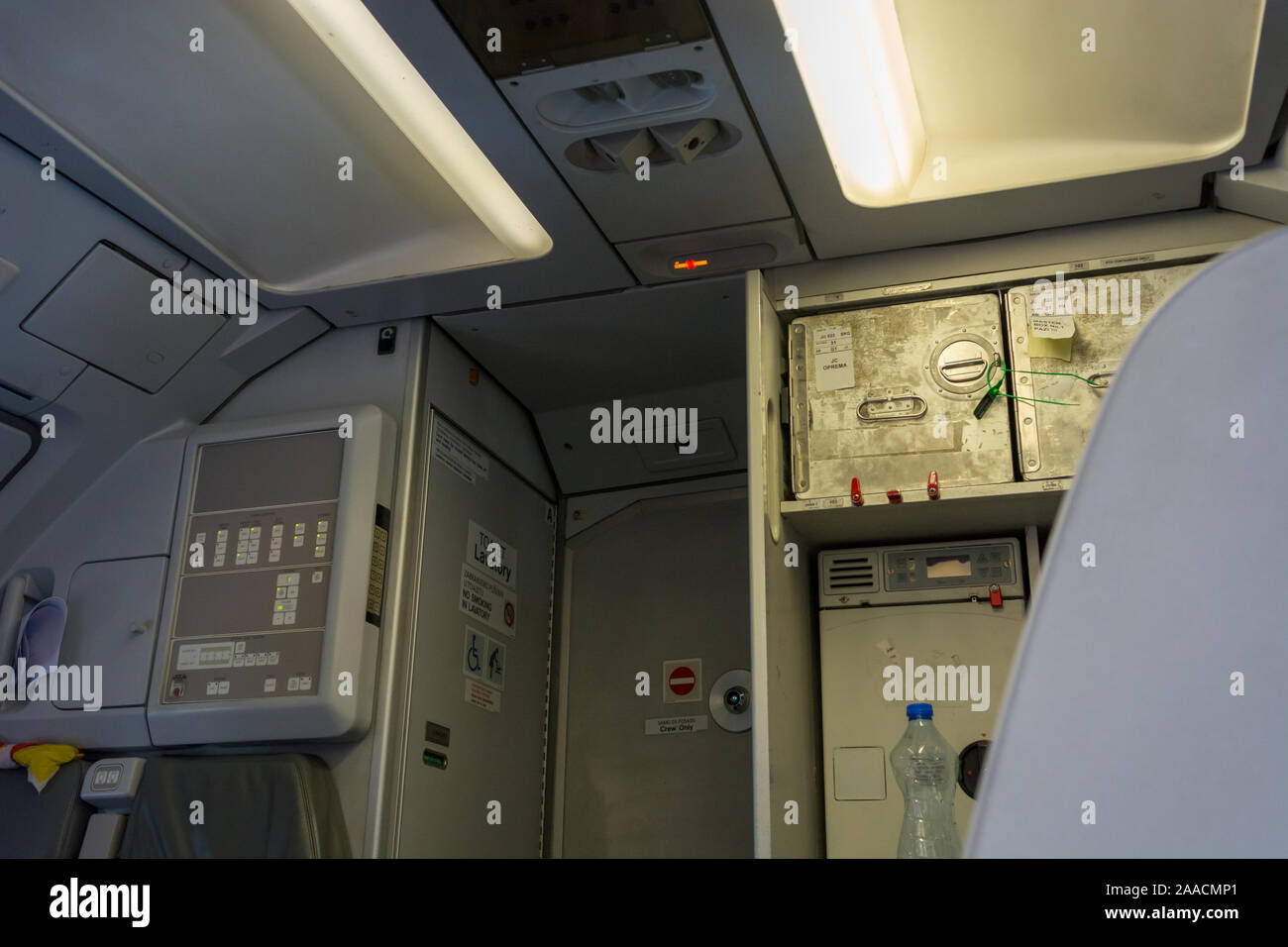 Airplane cabin crew compartment dedicated to food preparation Stock ...