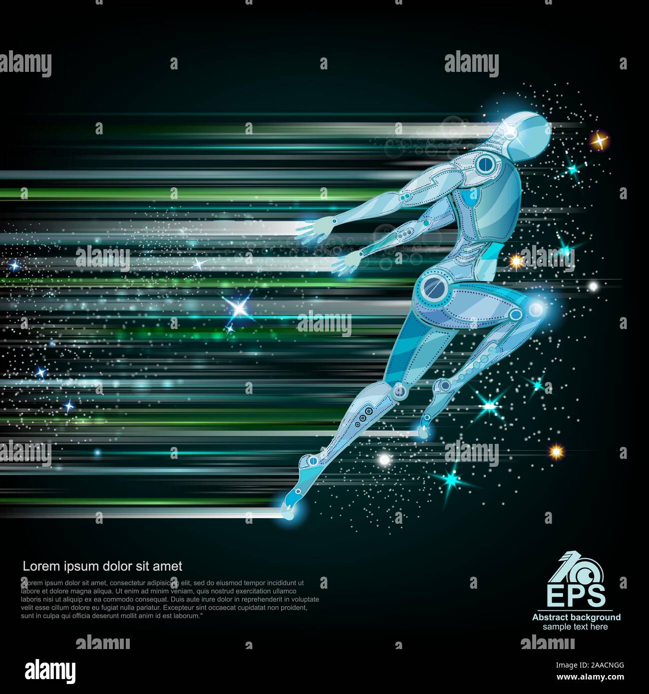 background with cyborg flying or runing with speed of light and motion ...