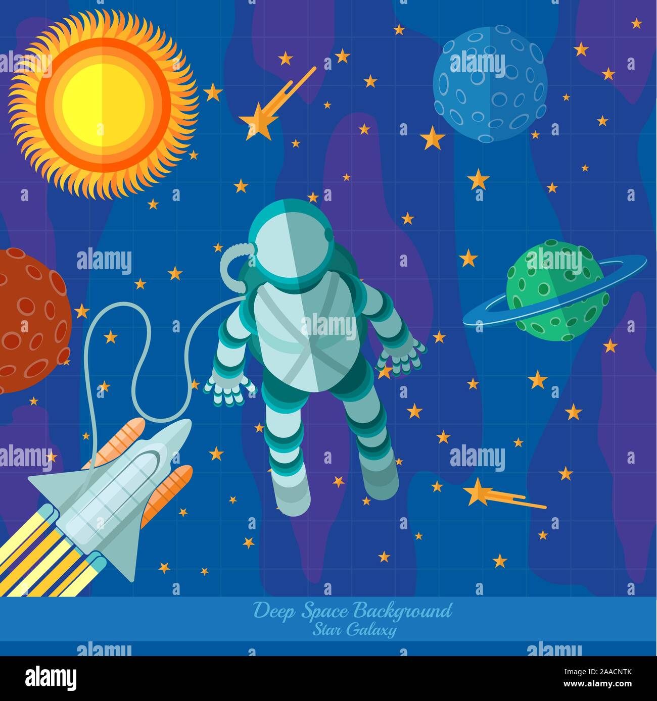 flat space background with planets stars spaceman and rocket Stock ...