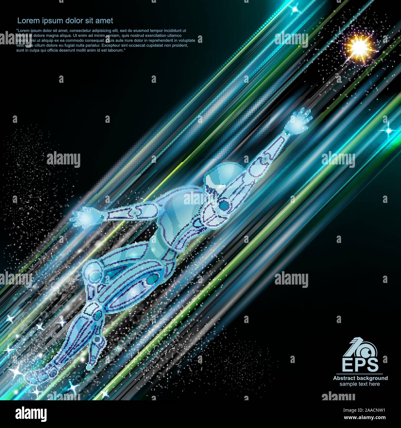 Cyborg robot flying with light trails and motion blur on space ...