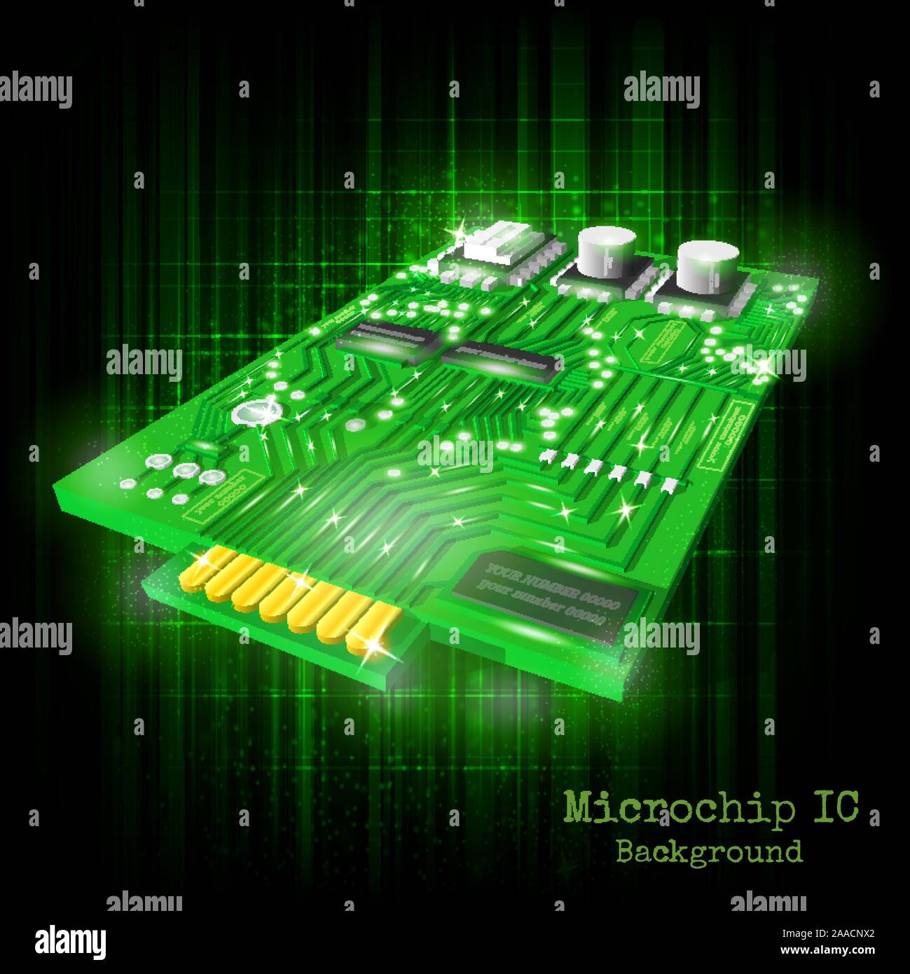 background with realistic 3d microchip on black green shining Stock ...