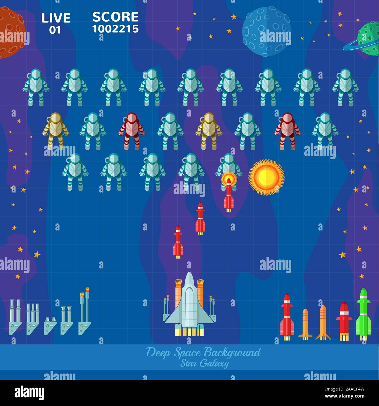 Game space background. Spaceship shoot astronauts Stock Vector Image ...