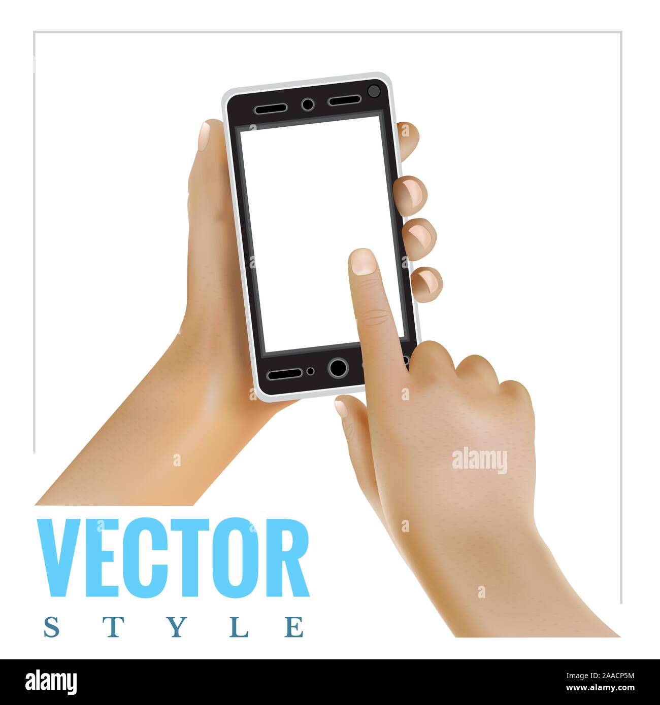 Realistic hand holding mobile phone and finger other touch on screen ...