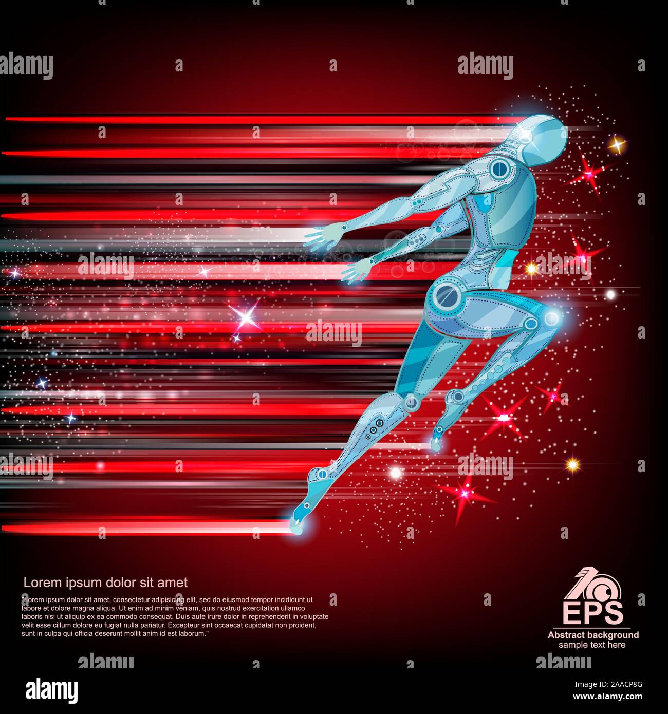 red background with cyborg flying or runing with speed of light and ...