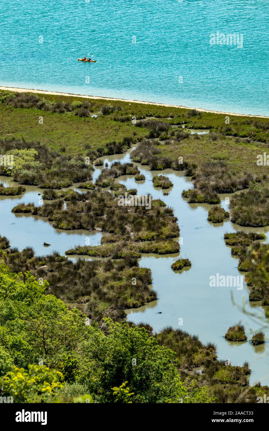 High angle sunny spring day view of salt lagoon lake in the national ...