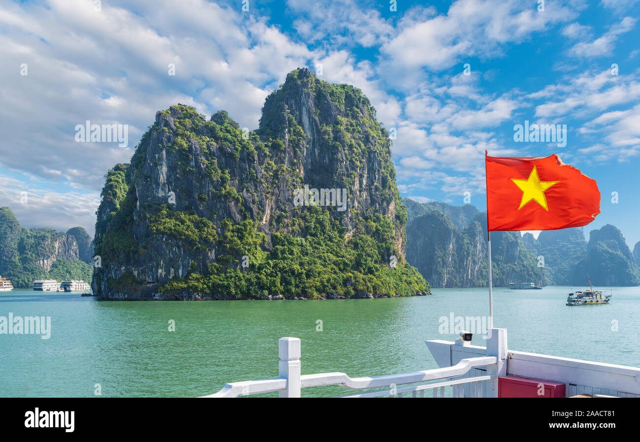 Landscape with Halong bay and Vietnamese flag, Vietnam Stock Photo - Alamy