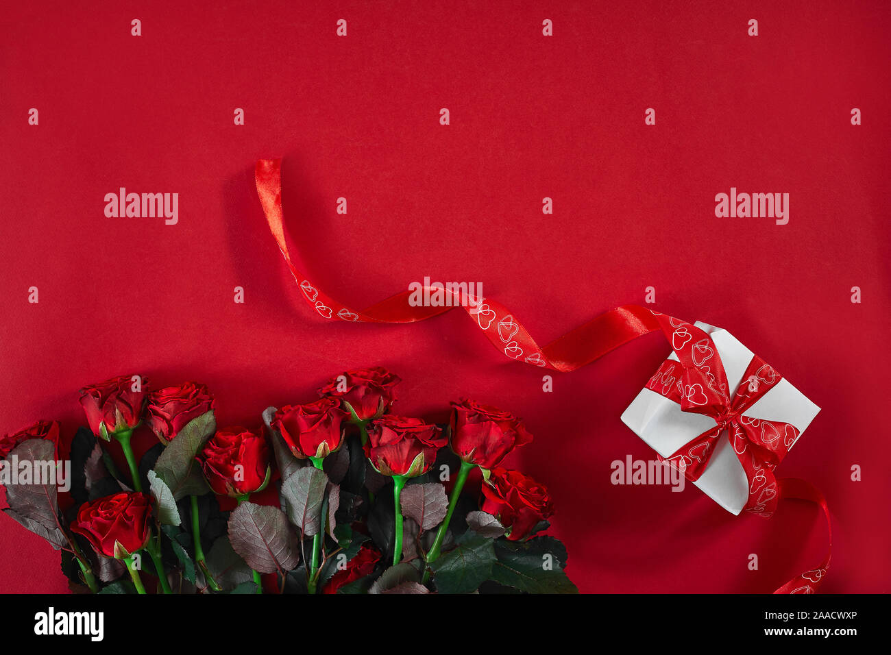 Top view fresh red rose flower and gift box on red deck with empty ...