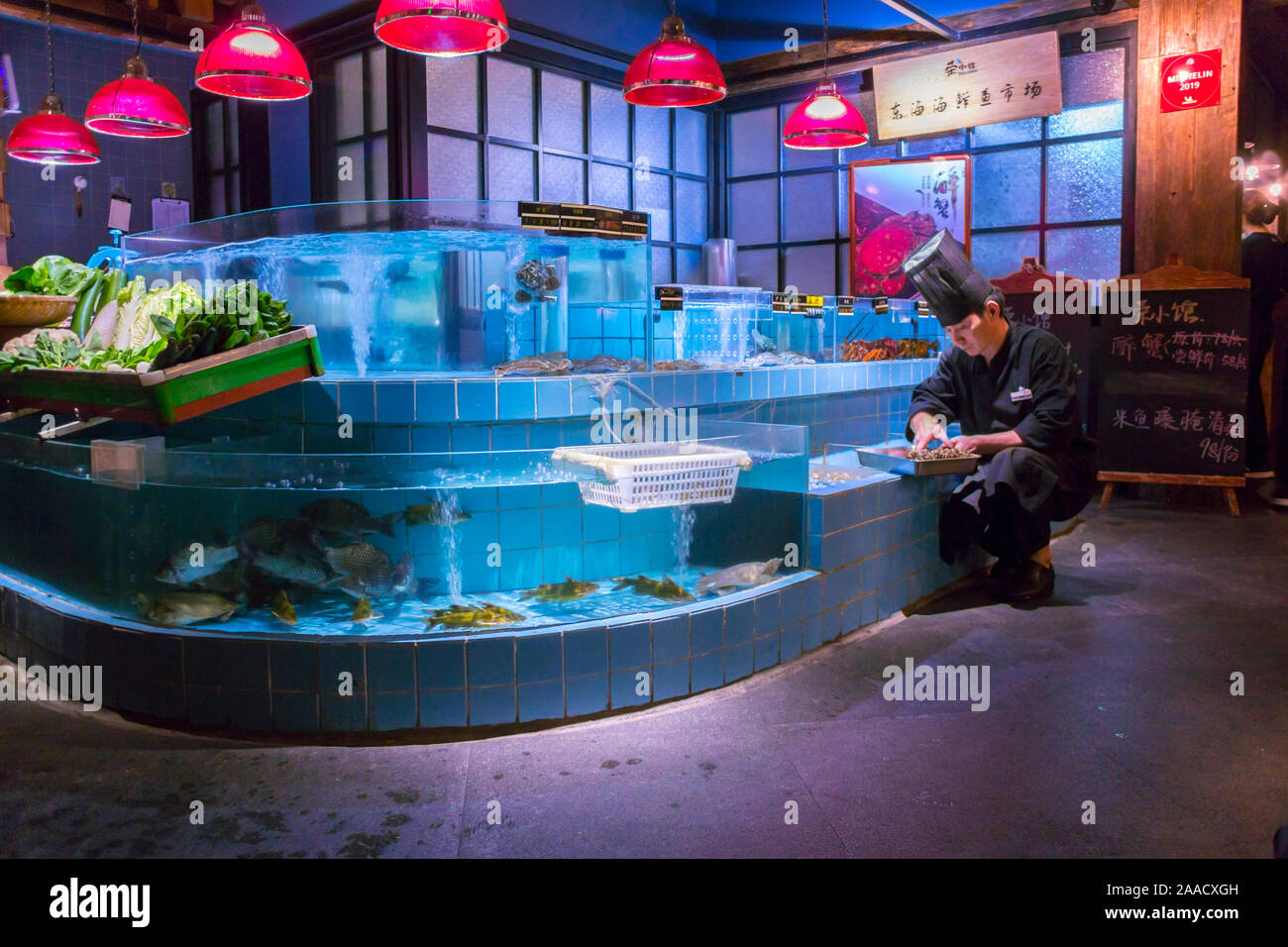 Shanghai, China, Chef inside Chinese Restaurant, Rong Cuisine, Seafood ...