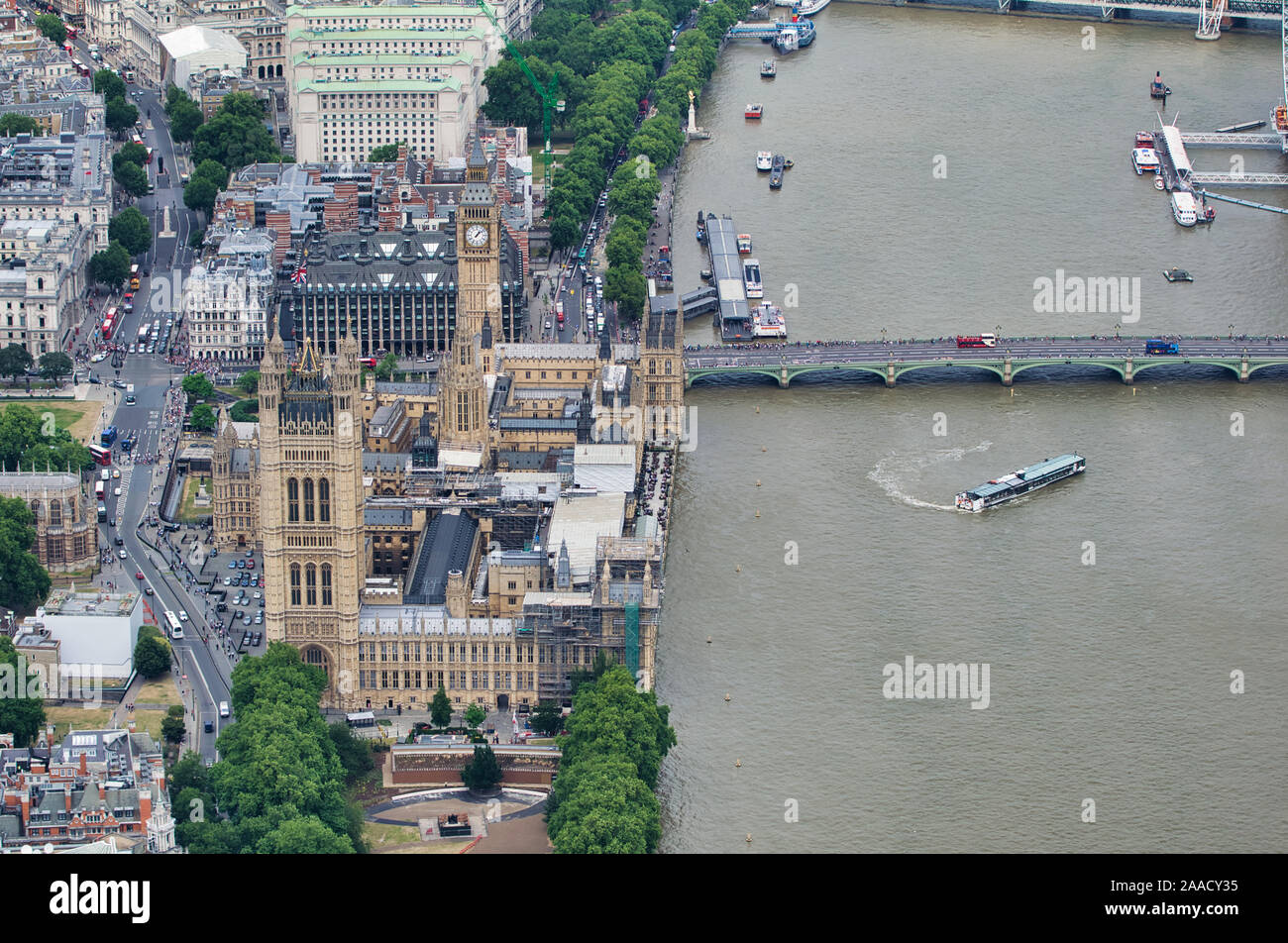 Aerial view of Westminster Palace, Westminster Bridge over River Thames ...