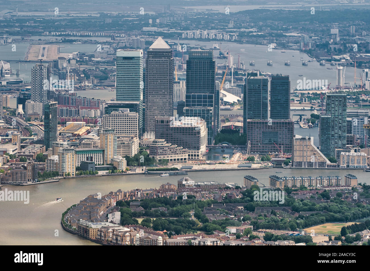 Aerial view of Canary Wharf and city skyline from a high vantage point ...