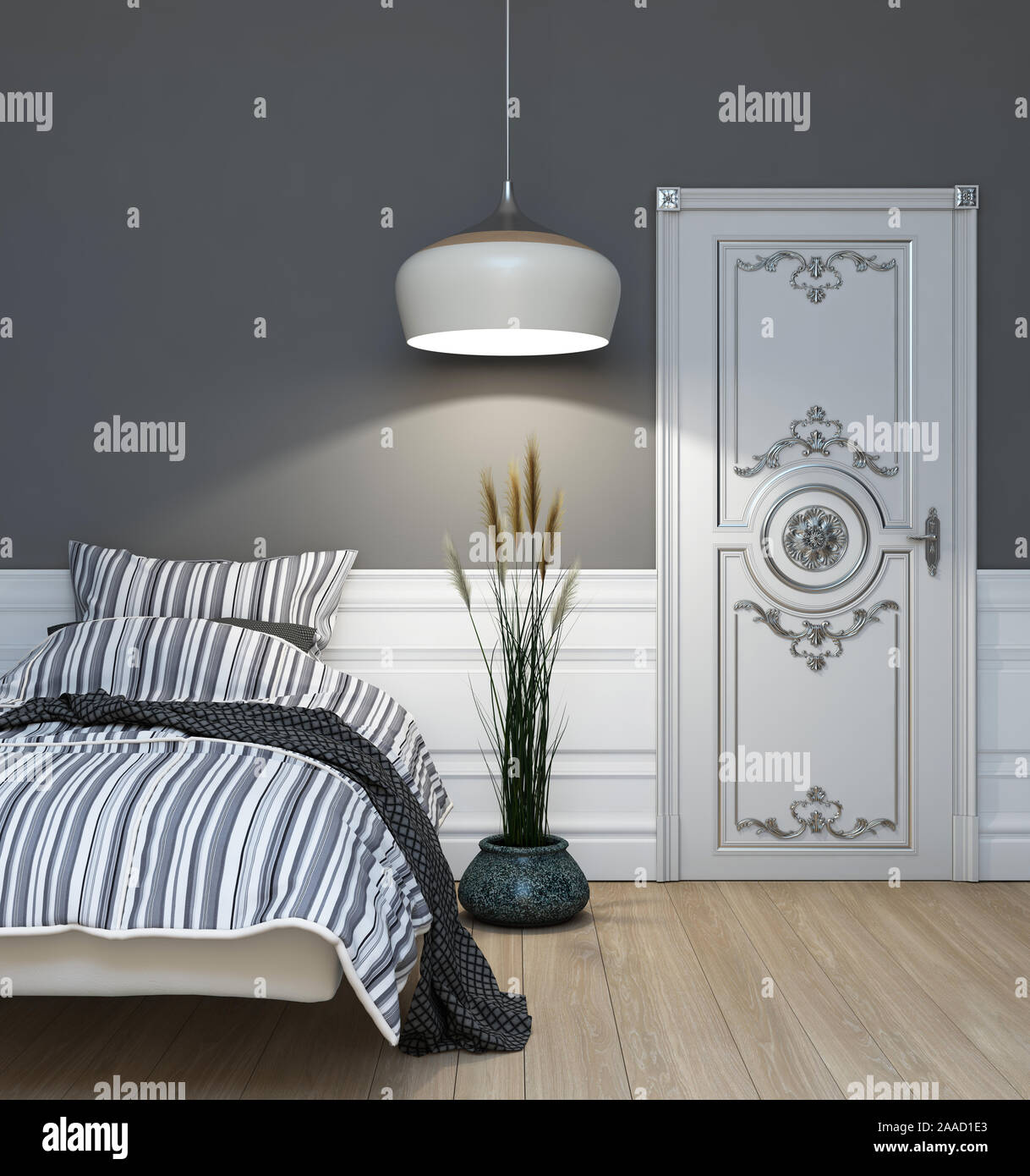 Grey Bedroom At Night Time Stock Photo - Alamy