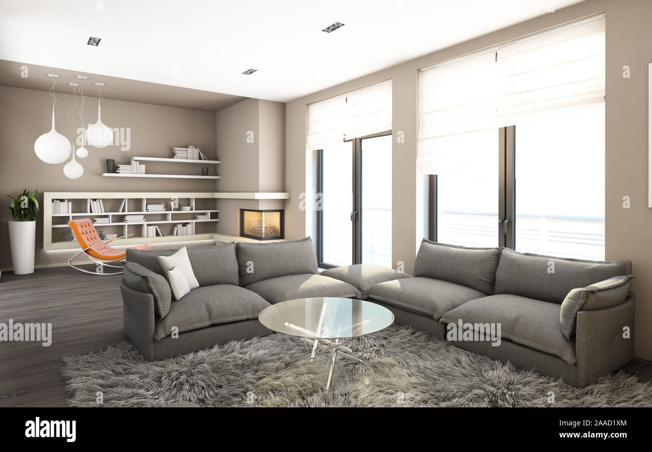 Bright Living Room With Chimney Stock Photo - Alamy