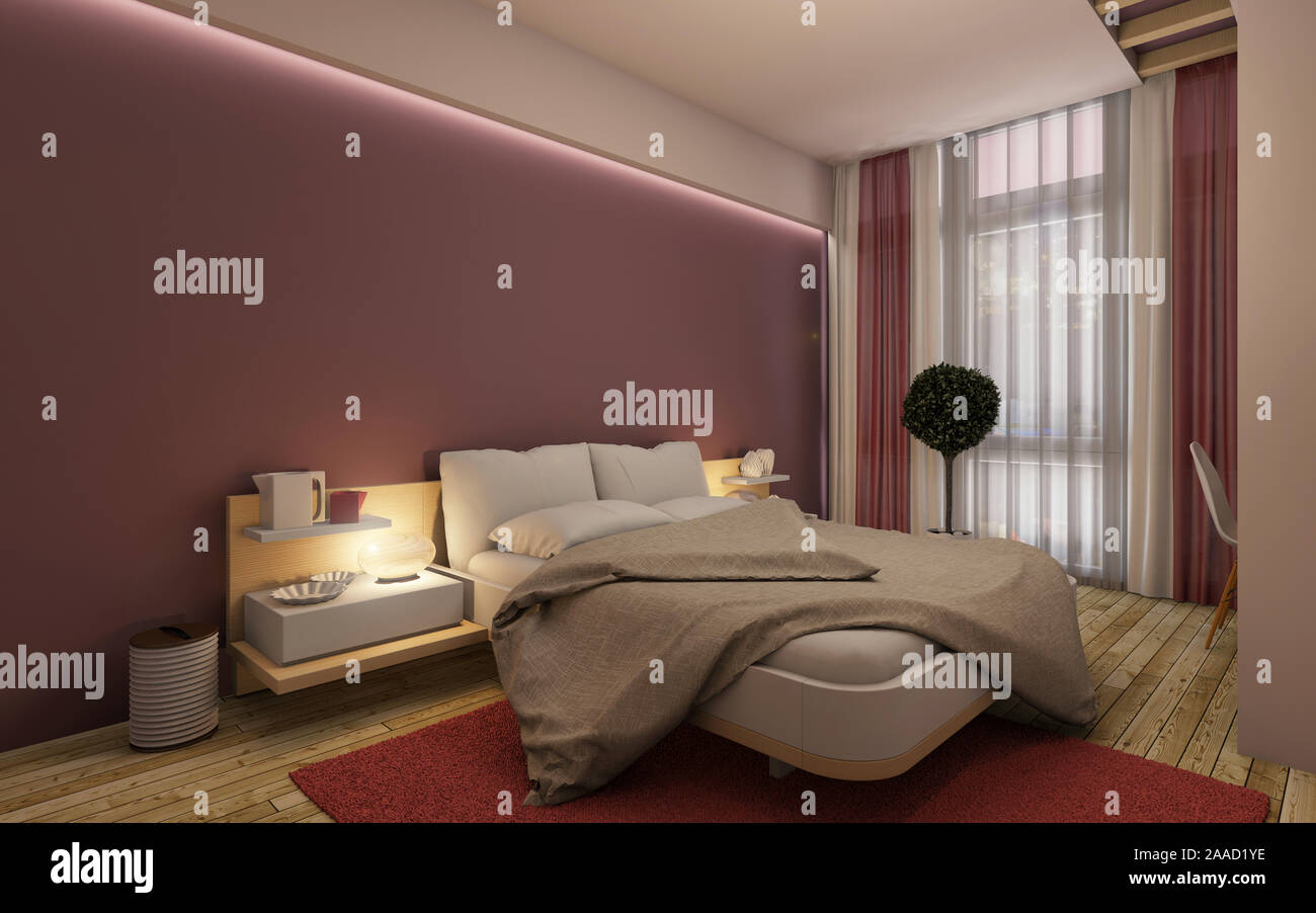 red bedroom at night time Stock Photo - Alamy