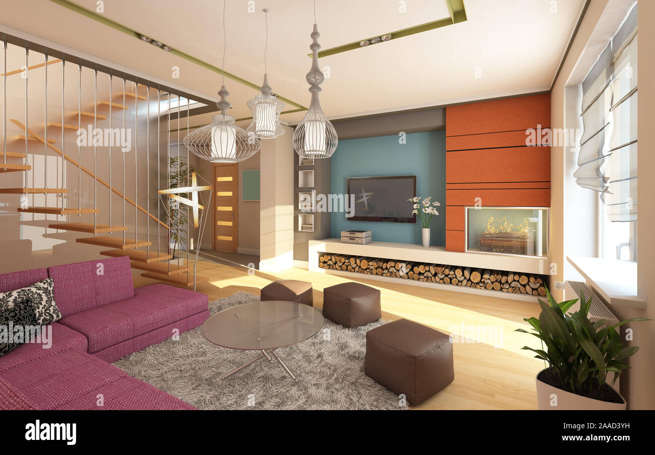 Living room with orange fireplace Stock Photo - Alamy