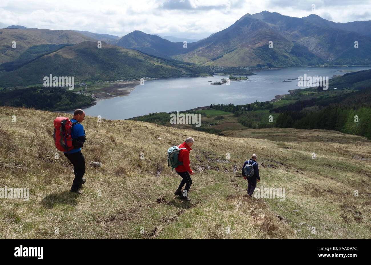 Three Men Waking on Hill Path to Callert House & Loch Leven with the ...