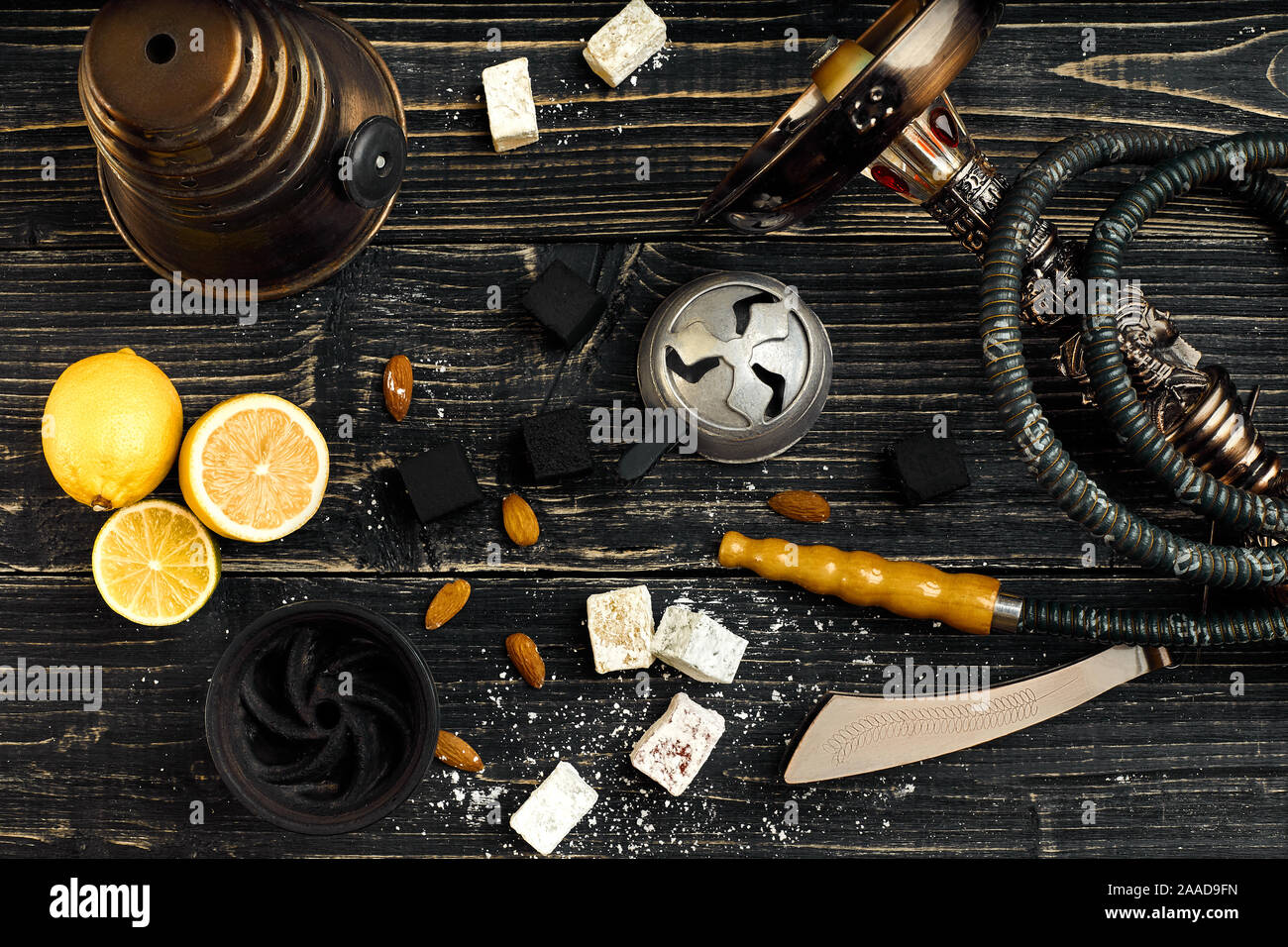 Arabic hookah with a tobacco flavor of a mixture of lemon. Top view of ...