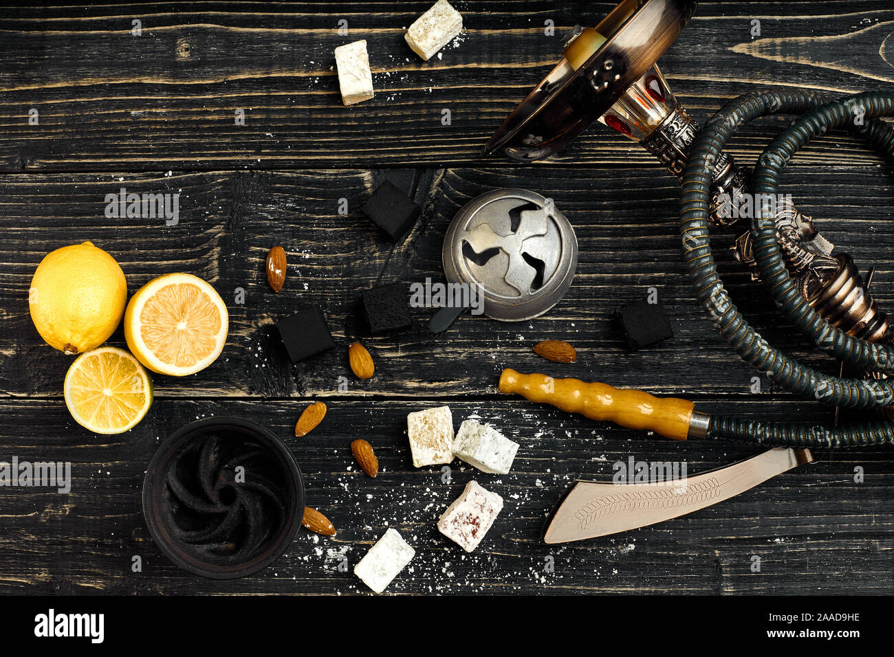 Arabic hookah with a tobacco flavor of a mixture of lemon. Top view of ...