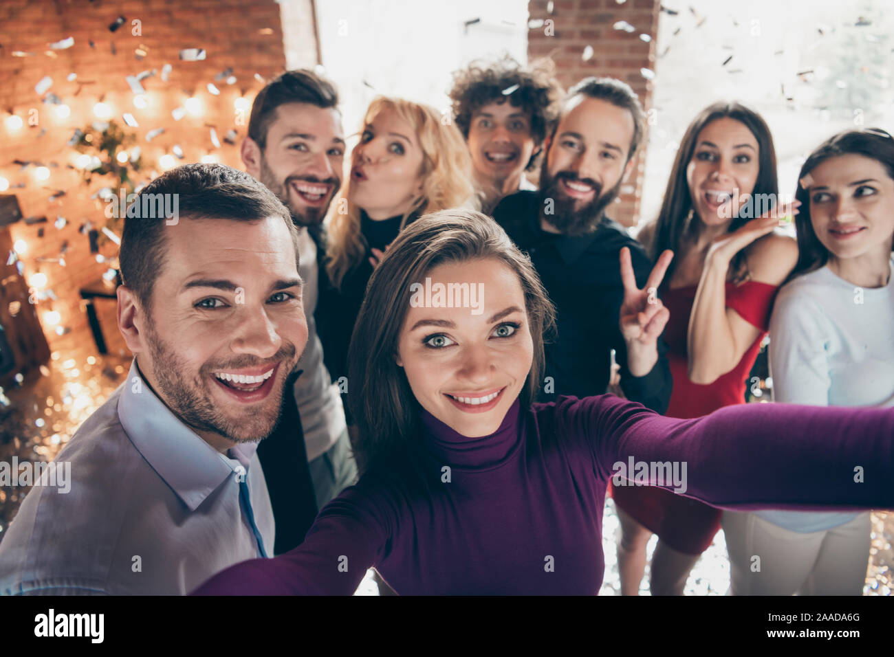Self portrait of cheerful positive ecstatic overjoyed people showing v ...