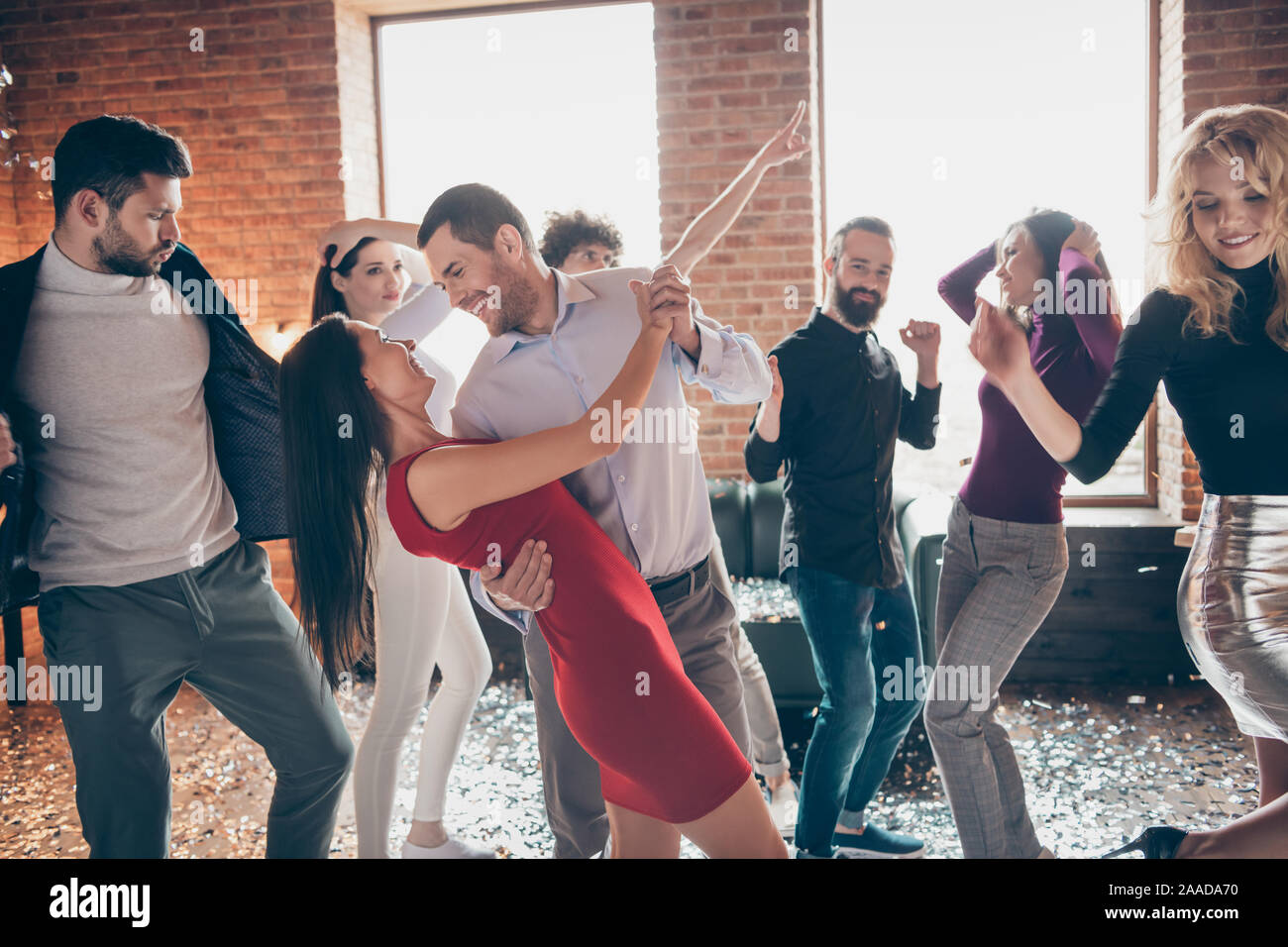 Photo of cheerful positive nice cute couple of people dancing waltz ...