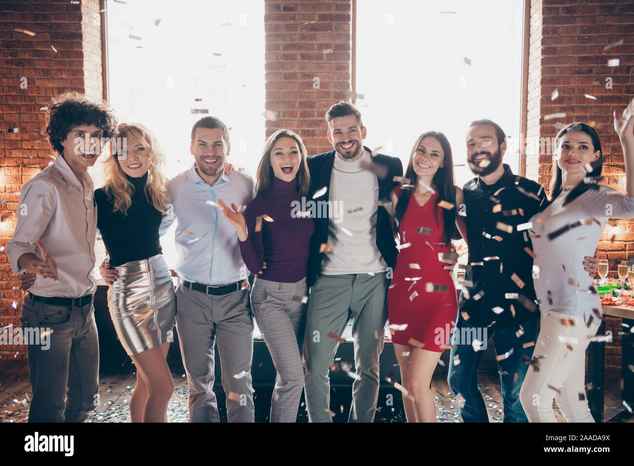 Photo of cheerful nice cute company of old friends wearing formally ...