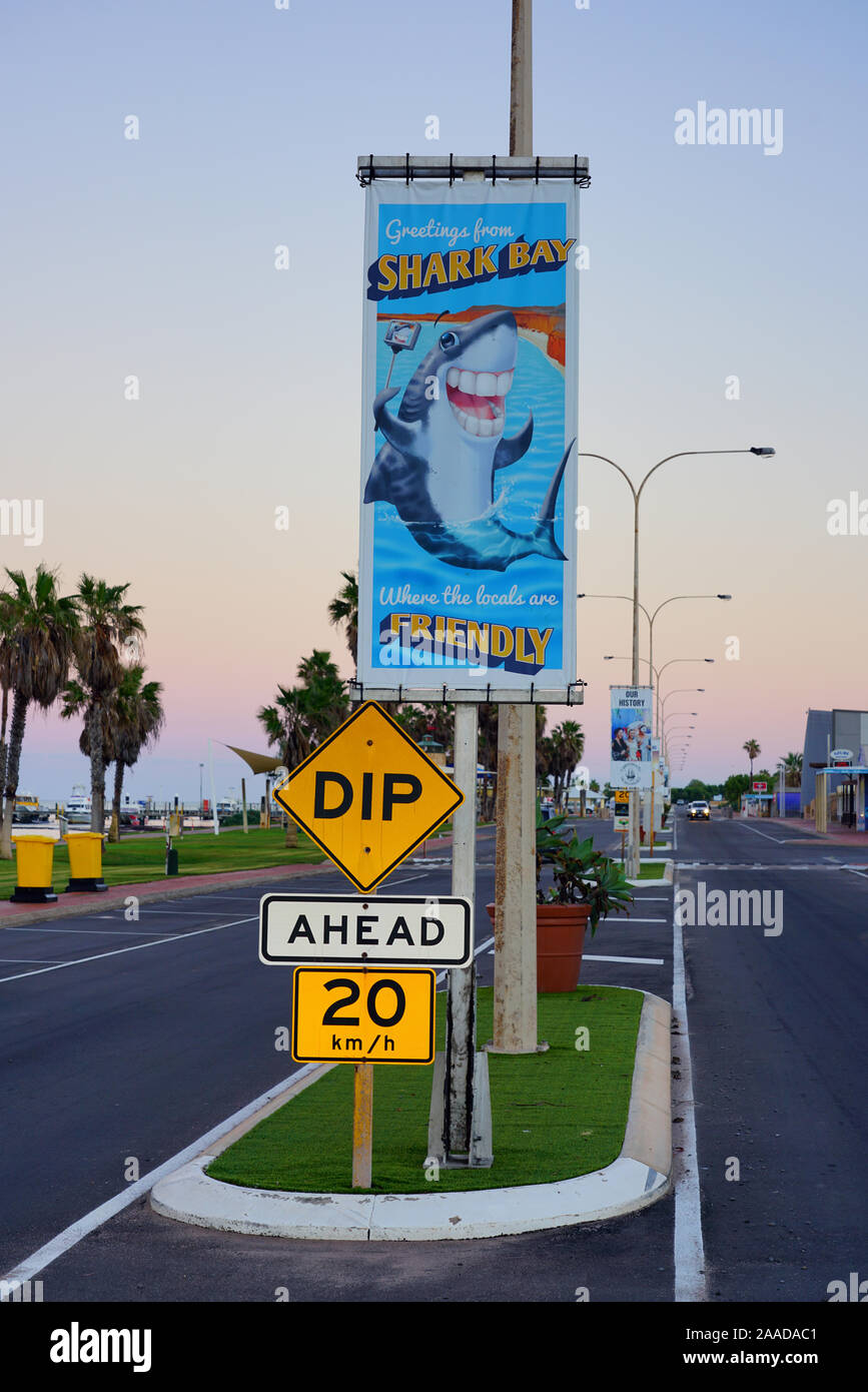 DENHAM, AUSTRALIA -7 JUL 2019- View of the town of Denham, Shark Bay ...