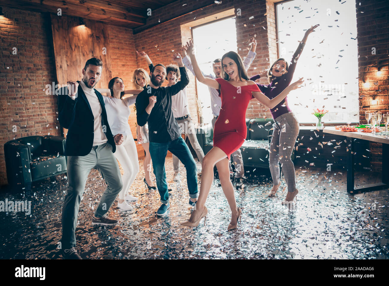 Full body photo of friends meeting rejoicing dance floor x-mas party ...