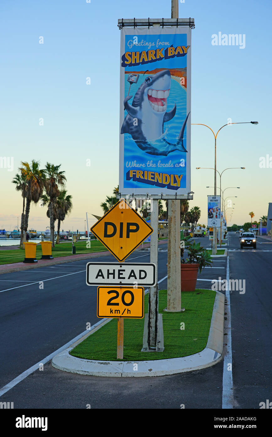 DENHAM, AUSTRALIA -7 JUL 2019- View of the town of Denham, Shark Bay ...