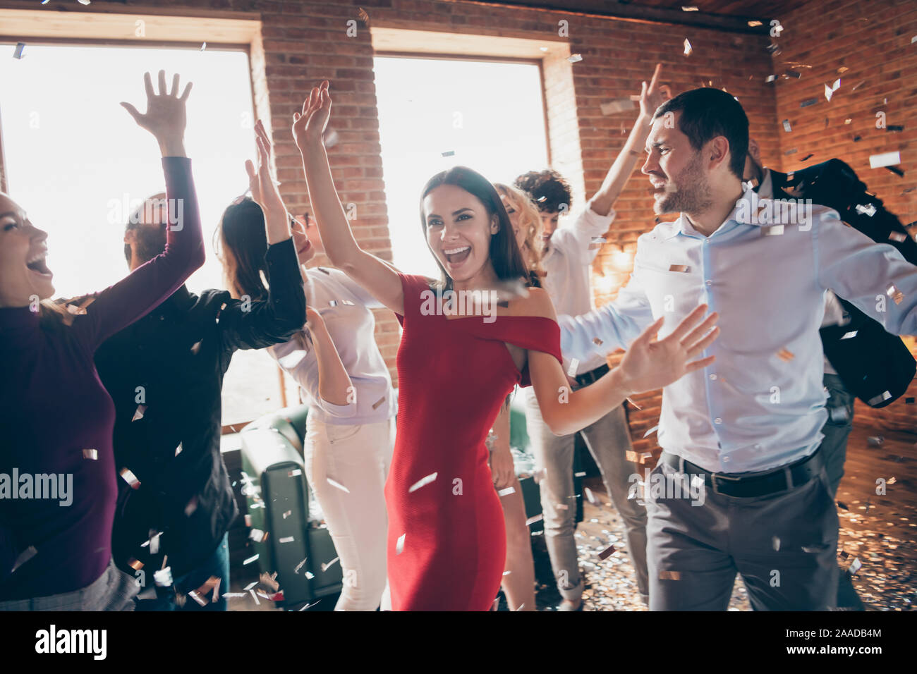 Photo of group friends dance floor spending x-mas party together ...