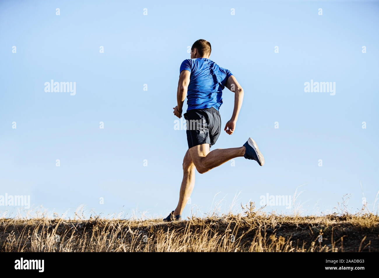 back male runner run in blue shirt and shorts on mountain trail Stock ...