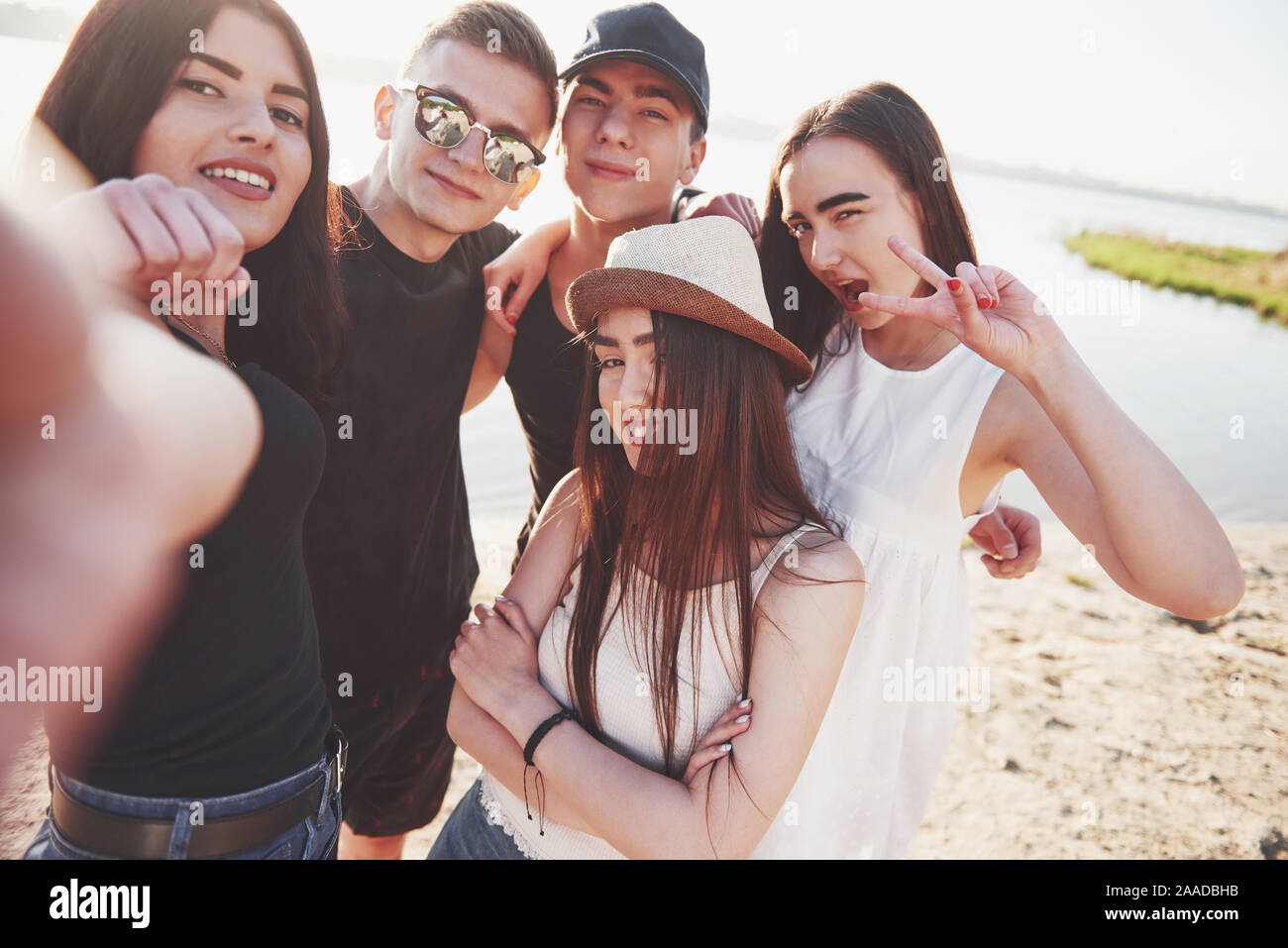 The best friends who take picnic. Happy friendship company is having ...