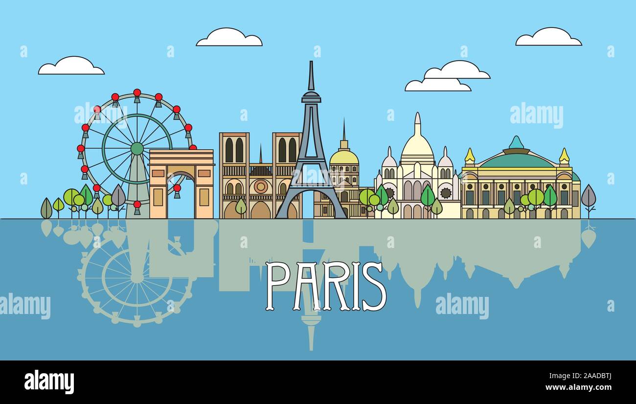 Panoramic line art style Paris City Skyline with reflection. Colorful ...