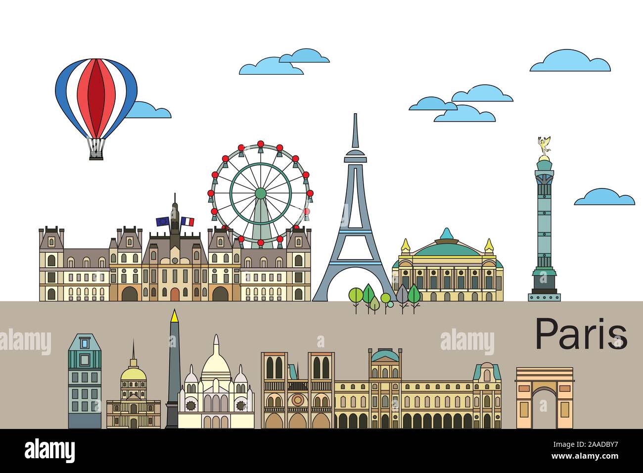 Panoramic line art style Paris City Skyline. Colorful isolated vector ...