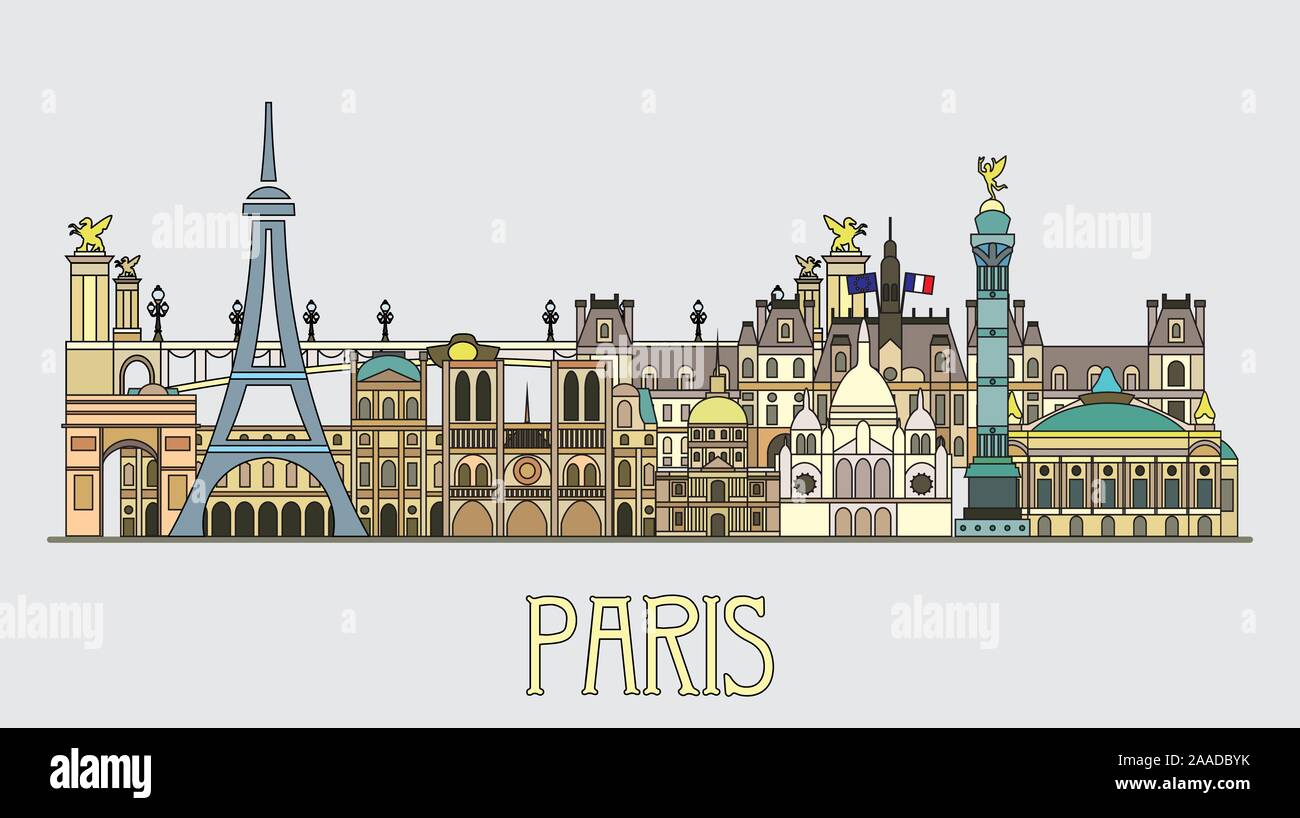 Panoramic line art style Paris City Skyline. Colorful isolated vector ...
