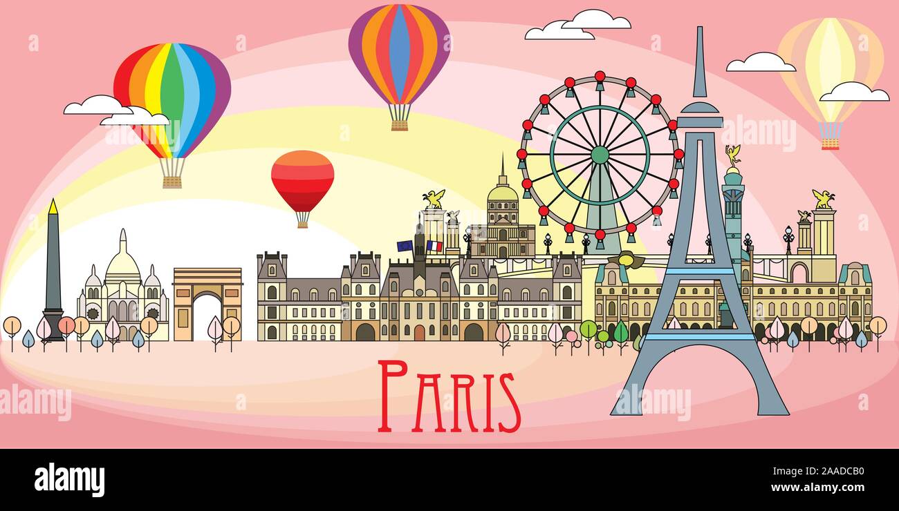 Panoramic line art style Paris City Skyline by sunrise. Romantic ...