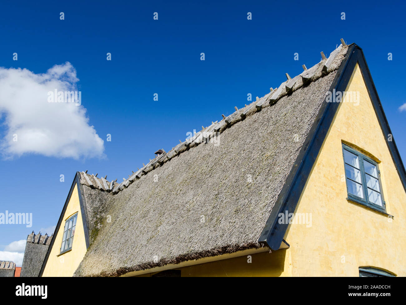 Traditional viking style thatched roof in the village of Dragor ...