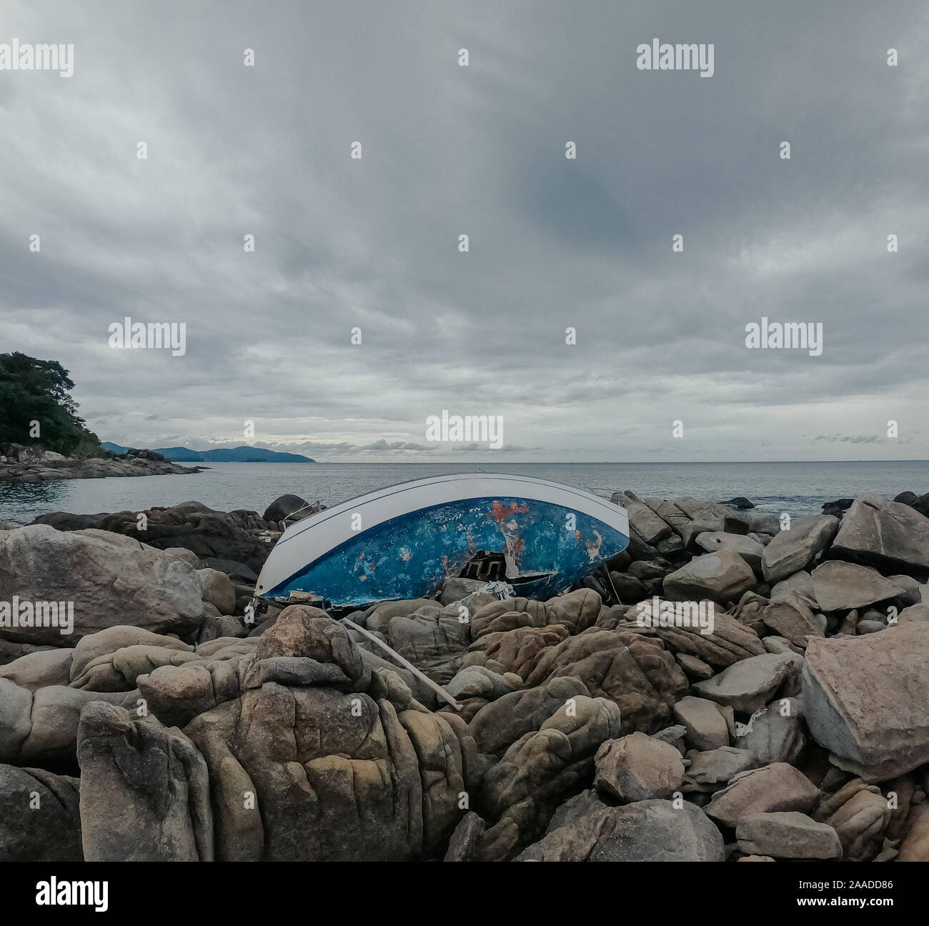 Broken Yacht on the rocks after Storm, Shipwreck sisaster in the sea ...
