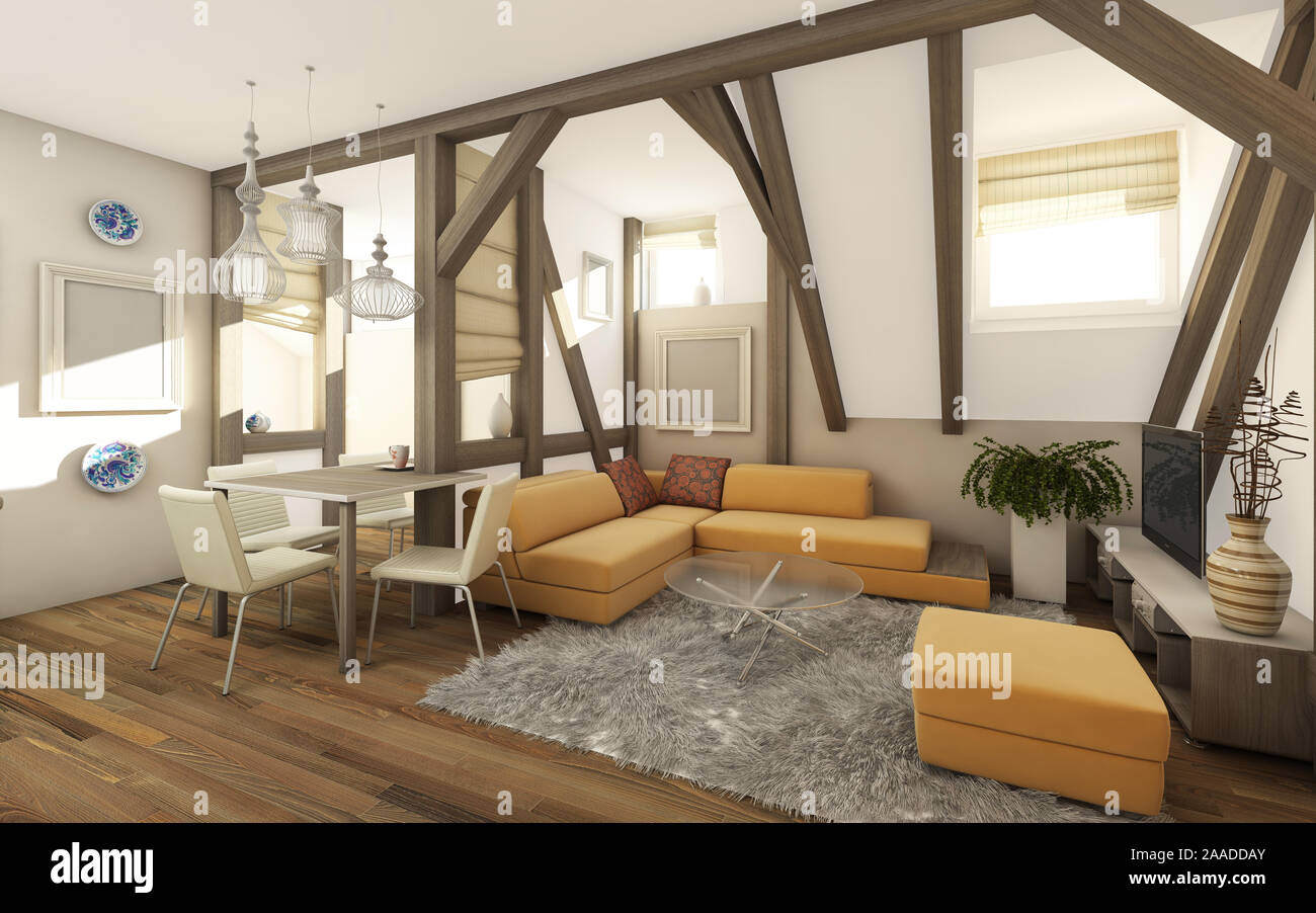Living Room Attic In Rustic Style Stock Photo - Alamy